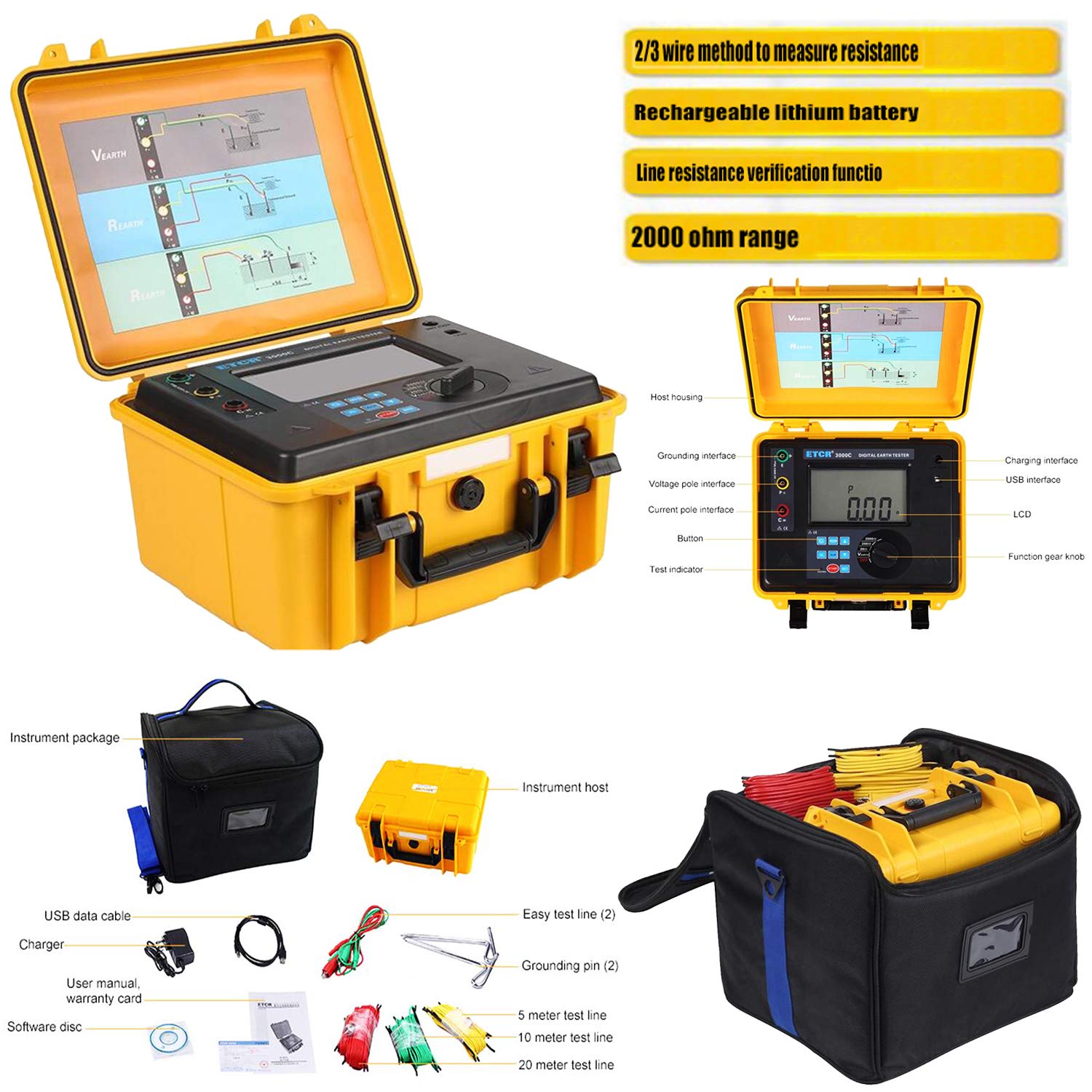 VTSYIQI Ground Resistance Tester Meters Two Three Wire Digital Earth R