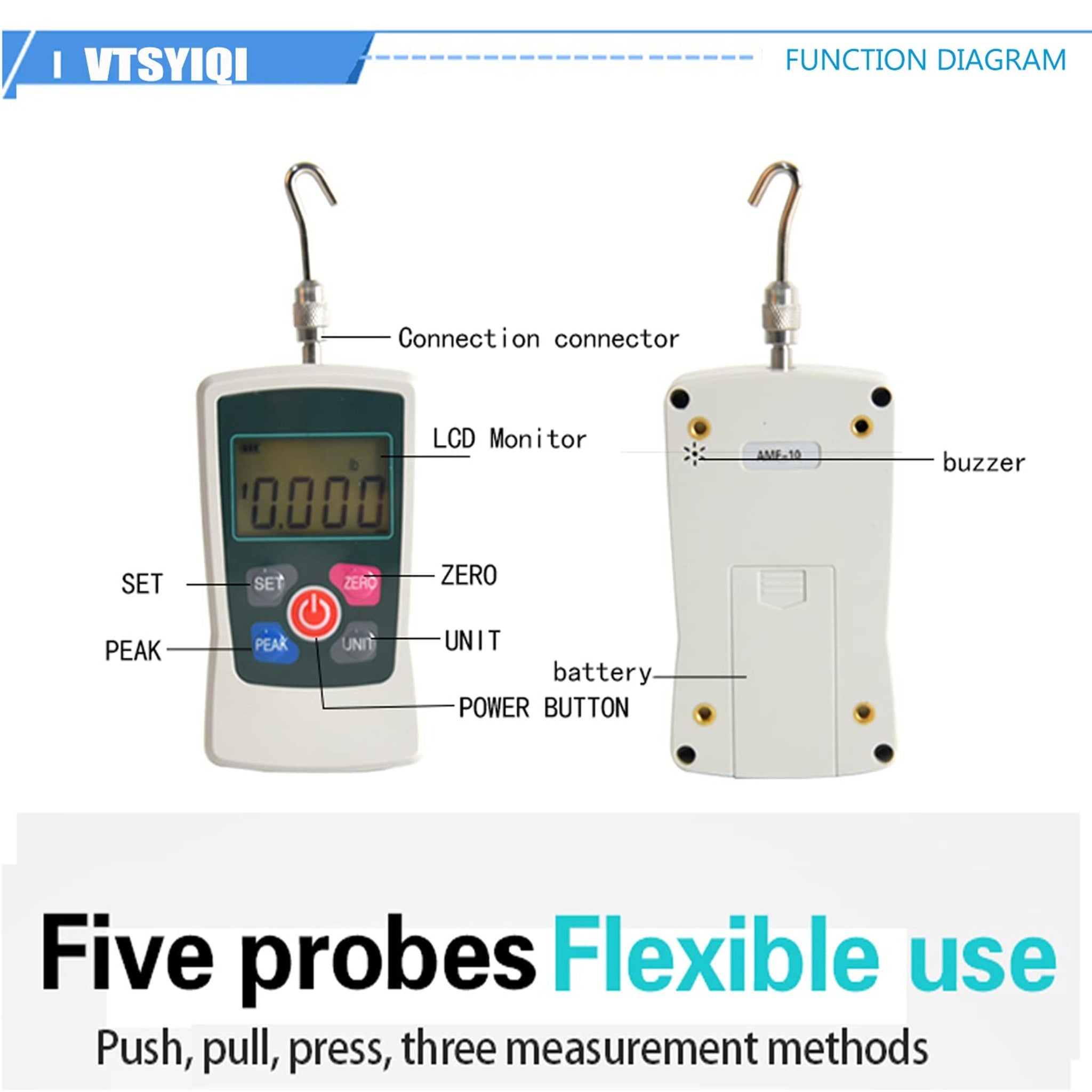 VTSYIQI Digital Force Gauge Digital Push Pull Gauge Tester With 500N 5
