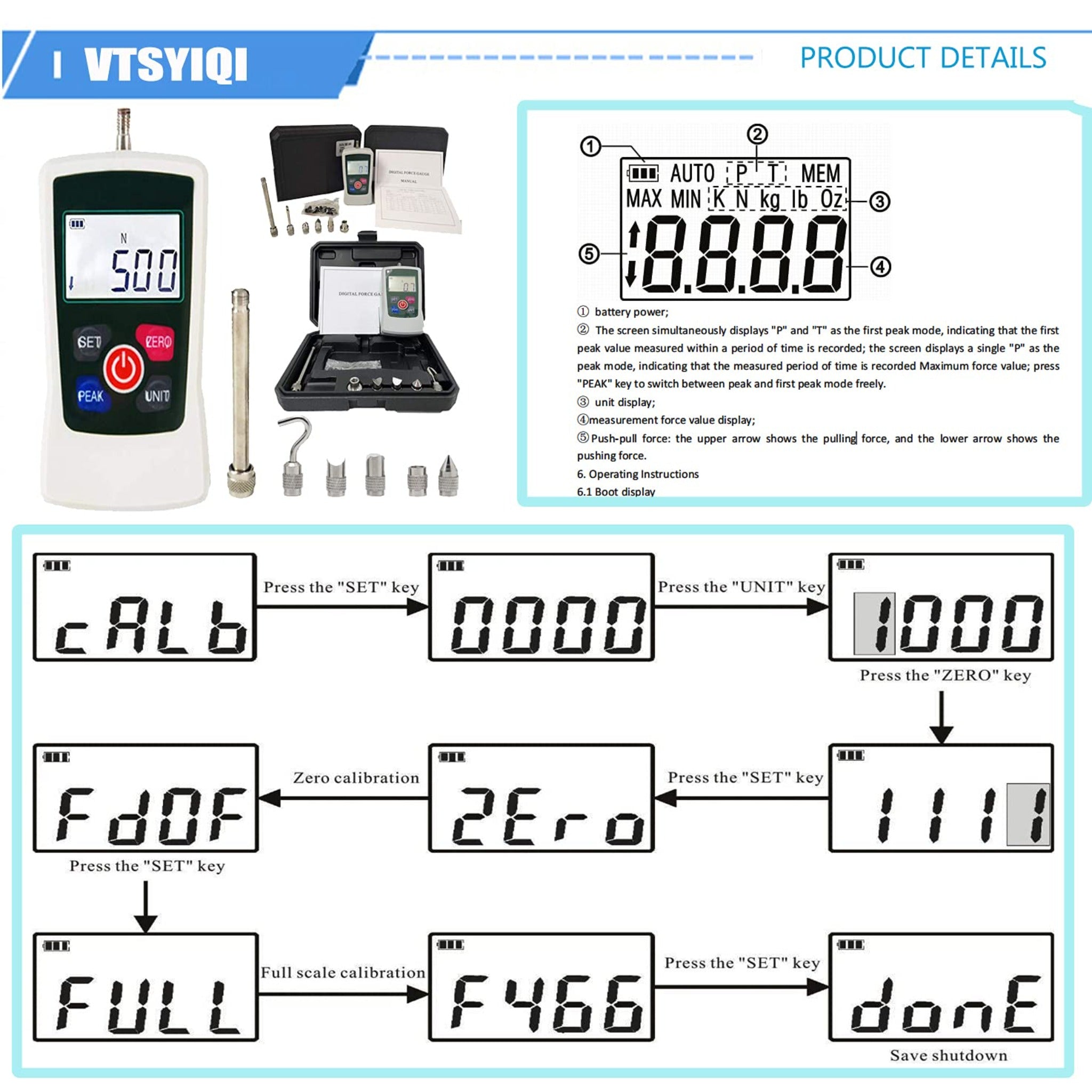 VTSYIQI Digital Force Gauge Digital Push Pull Gauge Tester With 500N 5